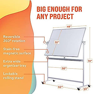 Creative Space White Board Dry Erase 48”x32” Magnetic Whiteboard with Stand Easel-Style Giant Rolling Board on Wheels for Homeschool Large Double Side Portable Teacher Supplies