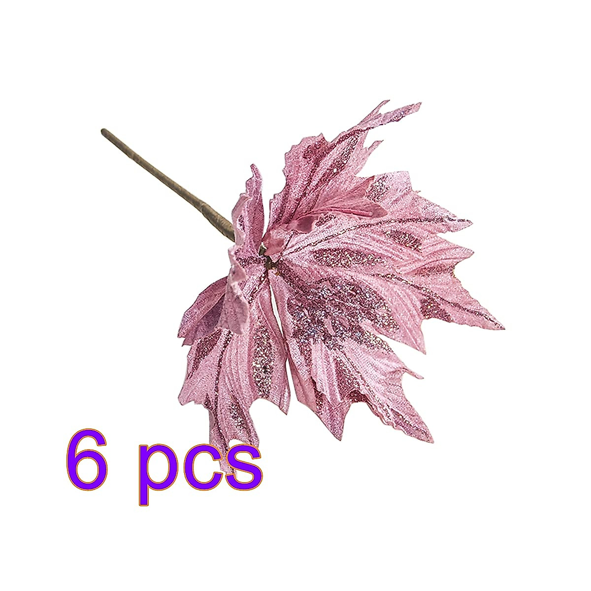 RSTYS Artificial Christmas Flowers, 6Pcs Artificial Glitter Poinsettia Floral Silk Fake Poinsettia Floral Christmas Tree Decoration for Porch Garden Christmas Tree Festival Home Decor, Pink, Medium