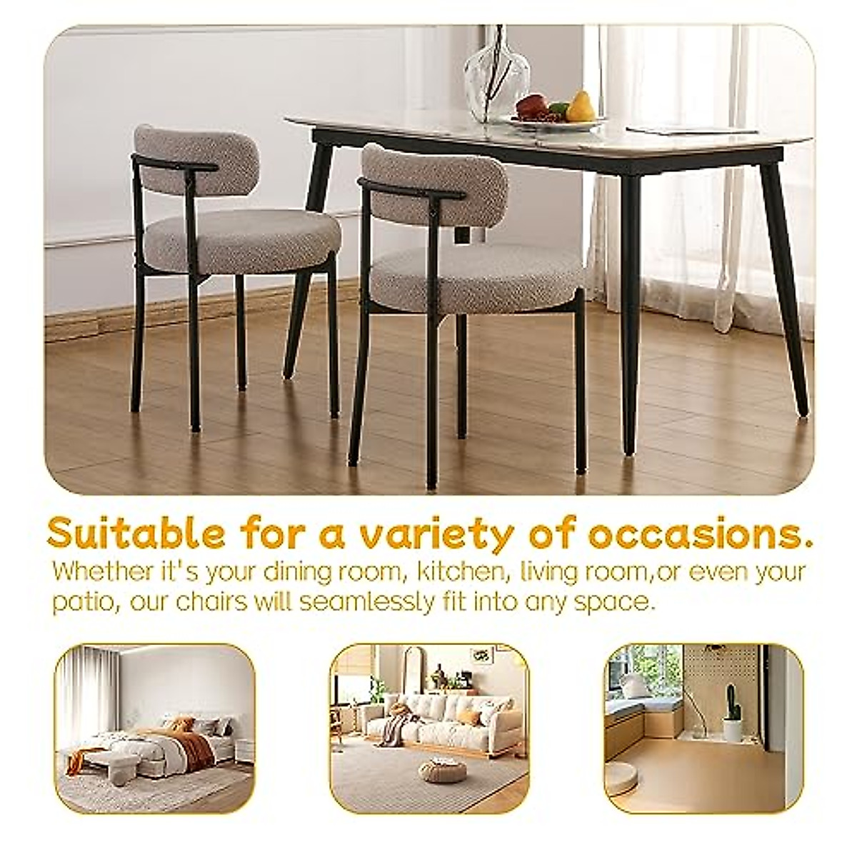 EDWELL Boucle Dining Chairs Set of 2, Round Upholstered Dining Chairs with Black Metal Legs, Modern Dining Room Chairs for Dining Room, Kitchen, Living Room