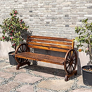 Mavalous Wagon Wheel Bench for Outdoor, 3-Person Seat Wooden Bench with Backrest, Rustic Benches forOutside, Porch, Garden, Brown