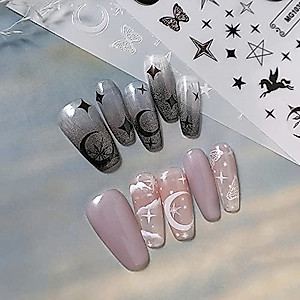 Starry Sky Series Nail Stickers for Nail Art - 3D Self Adhesive Nail Decals Black White Butterfly Star Moon Nail Design Stickers Constellation Meteor Decals DIY Nail Decorations for Women, 6Sheets