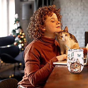 NymphFable 12oz Cat Cup Wine Tumbler With Straw And Lid Insulated Stemless Wine Glass Stainless Steel Double Wall