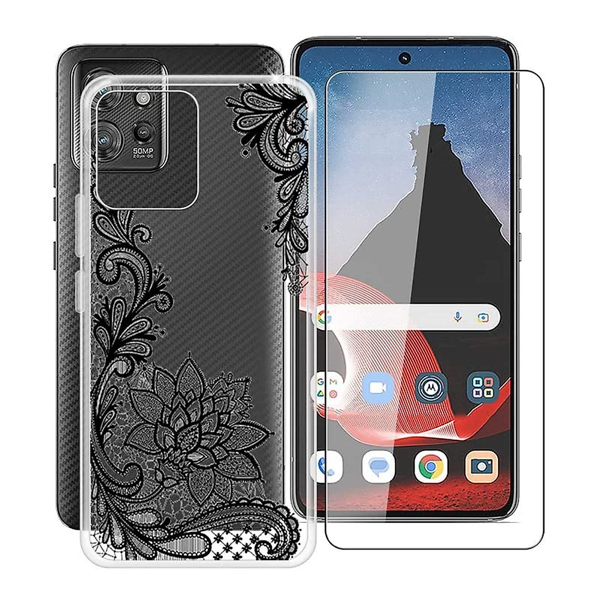 HGJTF Phone Case for Motorola ThinkPhone (6.6") with 1 X Tempered Glass Screen Protector, Slim Clear Shockproof X Anti-Scratch Soft TPU Gel Cover for Motorola ThinkPhone - Black Rose