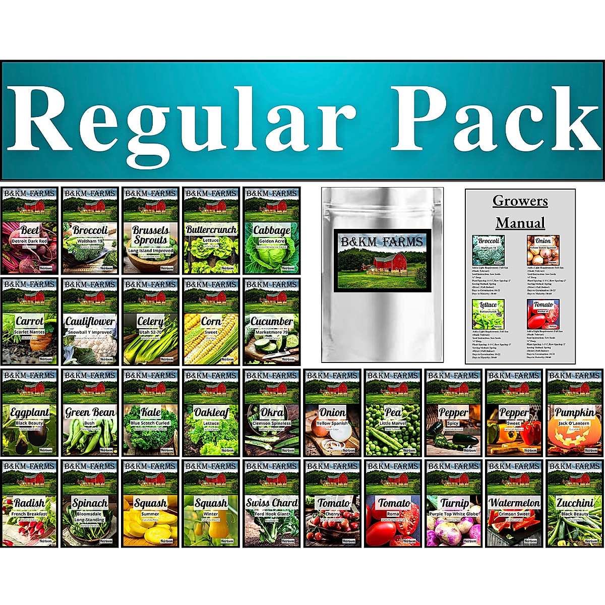 30 Vegetable & Fruit Seeds for Planting Your Outdoor & Indoor Home Seed Garden, Survival Gear Kit Includes 7600 Seeds, A Growing Guide & Mylar Package Gardening Heirloom Non-GMO Veggie Seed B&KM Farms