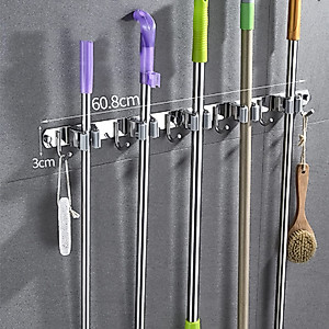 CTVR Wall Mounted Mop Stand, Self Adhesive Broom Holder, Stainless Steel Garden Tool Organizer, Mop Rack, for Bathroom Kitchen, Garage, Laundry