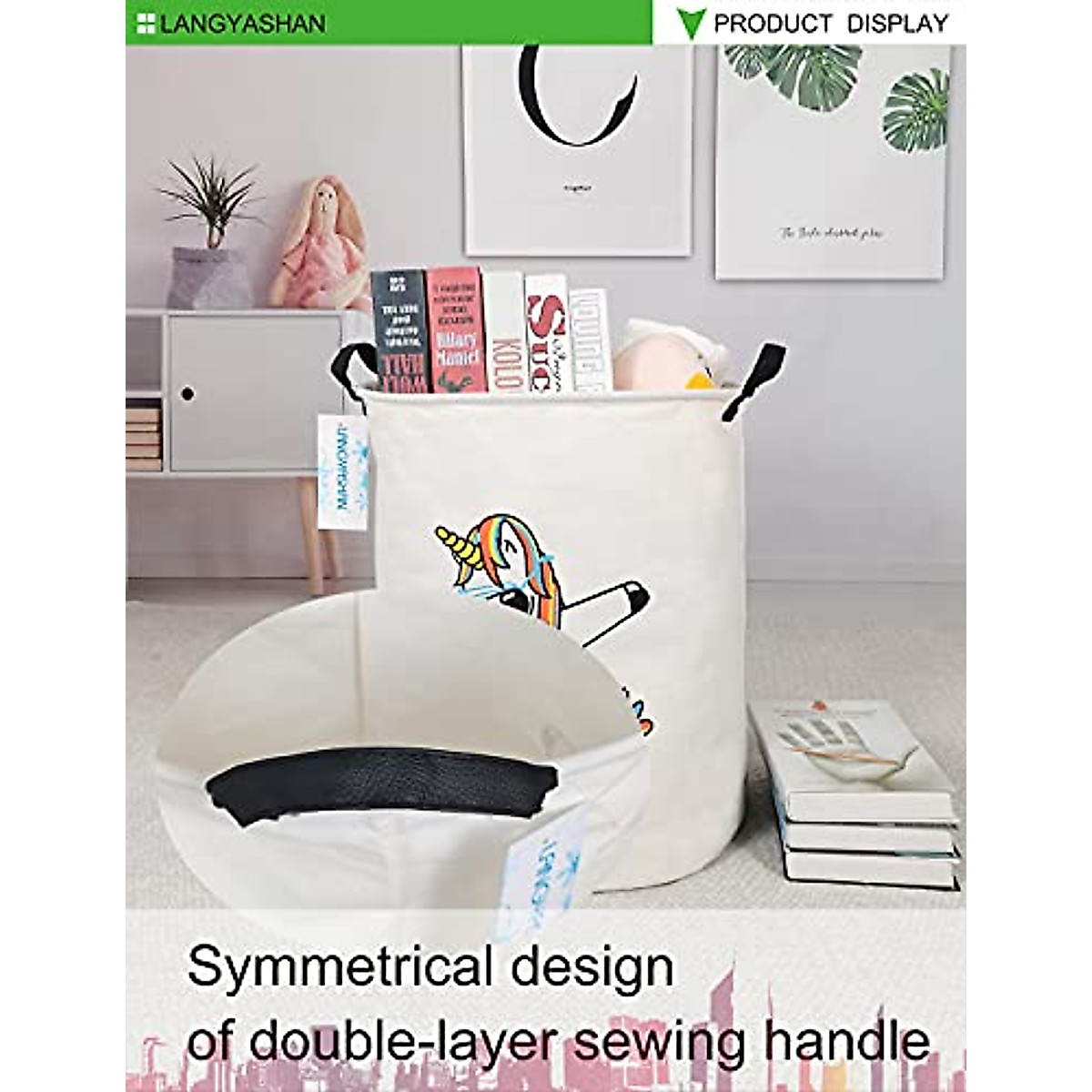 LANGYASHAN Laundry Basket Canvas Fabric Collapsible Organizer Baskets for Storage Bin Toy Bins Gift Baskets Bedroom Clothes Children Nursery Hamper (Danceing Unicorn)