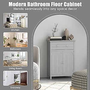 COSTWAY Bathroom Floor Cabinet, Wooden Side Storage Organizer w/Larger Drawer, Adjustable Shelf & 2-Door Cupboard, Freestanding Storage Cabinet for Living Room, Kitchen, Entryway (Grey)