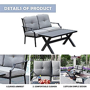 LOKATSE HOME 2 Pieces Outdoor Patio Conversation Furniture Metal Bench Sofa Set Loveseat with Cushion and Coffee Table, Grey