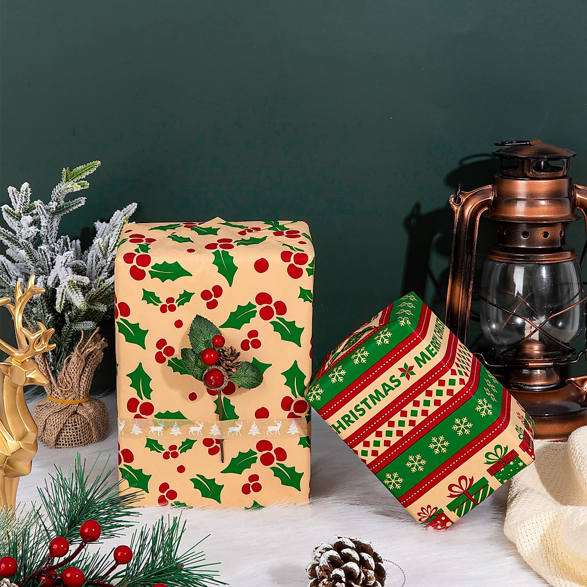 Whaline Christmas Tissue Paper Kraft Xmas Red Green Wrapping Paper 19.7 x 13.8 Inch Assorted Xmas Tree Holly Berry Christmas Tissue Paper for Gift Bags Holiday DIY Crafts Decor, 90 Sheet