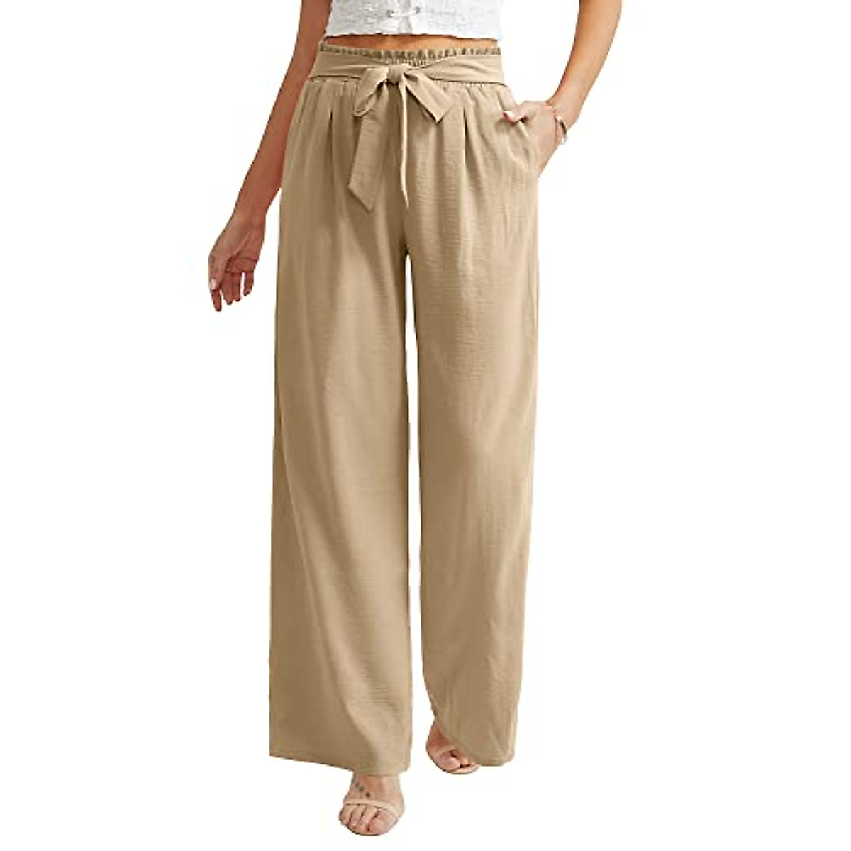 Feiersi Women Casual Wide Leg Pants High Waisted Business Work Casual Pants Loose Flowy Beach Palazzo Pants(Khaki,Small)