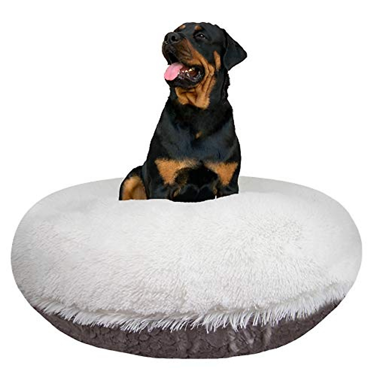Bessie and Barnie Signature Serenity Grey/Snow White Luxury Shag Extra Plush Faux Fur Bagel Pet/Dog Bed (Multiple Sizes)