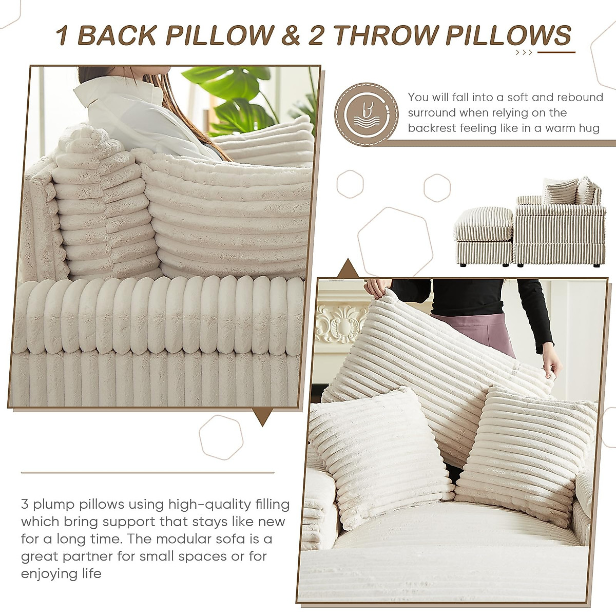 Chaise Lounge Chair Indoor, 43.3 Inch Comfy Corduroy Sectional Cloud Couch, Upholstered Single Sofa w/Movable Ottoman for Living Room, Bedroom, Apartment, Beige