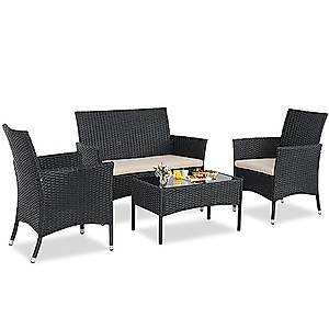 Furnivilla 4 Pieces Patio Furniture Sets Outdoor Furniture PE Wicker Patio Set Patio Conversation Set Balcony Furniture with Cushions and Table for Yard,Pool or Backyard (Black-Beige)