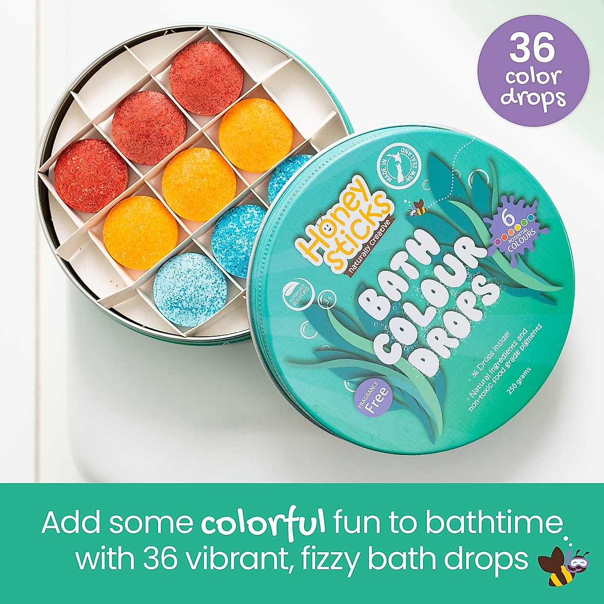 Honeysticks Bath Color Tablets for Kids - Non Toxic Bathtub Drops Made with Natural Ingredients and Food Grade Color - Fragrance Free - Fizzy, Brightly Colored Bathtime Fun, Great Gift - 36 Drops
