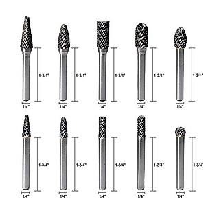 Carbide Burr Set JESTUOUS 1/4 Inch Shank Diameter Double Cut Tungsten Carbide Cutting Burrs Rotary Files Bits for Die Grinder Metal Grinding Woodworking Drilling Carving,10pcs