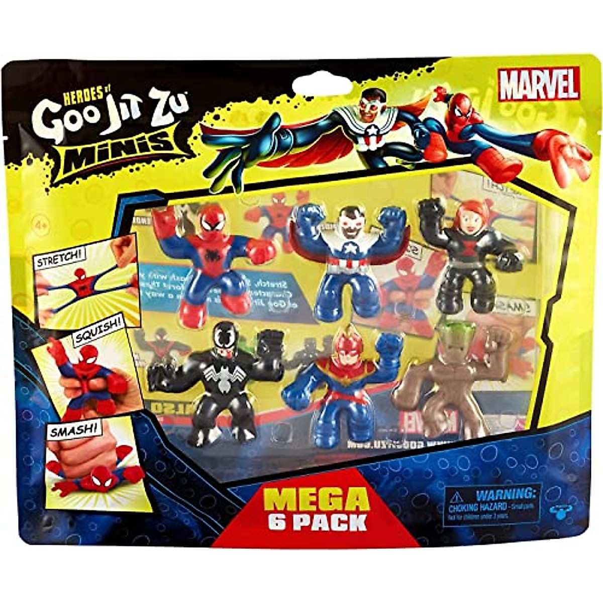 Heroes of Goo Jit Zu Marvel Minis - Mega 6 Pack. 6 Squishy, Stretchy, Gooey Mini Marvel Heroes 2.5" Tall - Spider-Man, Captain America-Sam Wilson, Venom, Captain Marvel, Groot and Black Widow