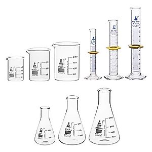 Chemistry Lab Glassware Set, 9 Pieces - Includes 3 Beakers, 3 Erlenmeyer Flasks & 3 ASTM, Class A Graduated Cylinders - Borosilicate 3.3 Glass – Eisco Labs