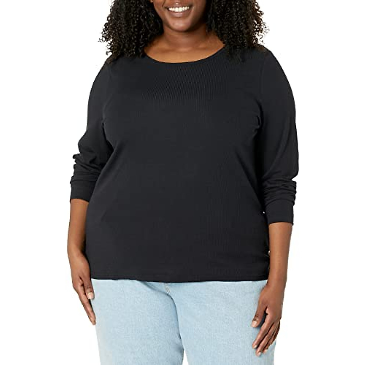 Amazon Essentials Women's Slim-Fit Long Sleeve Rib Knit Crew Neck Top (Available in Plus Size), Pack of 2, Black, X-Large