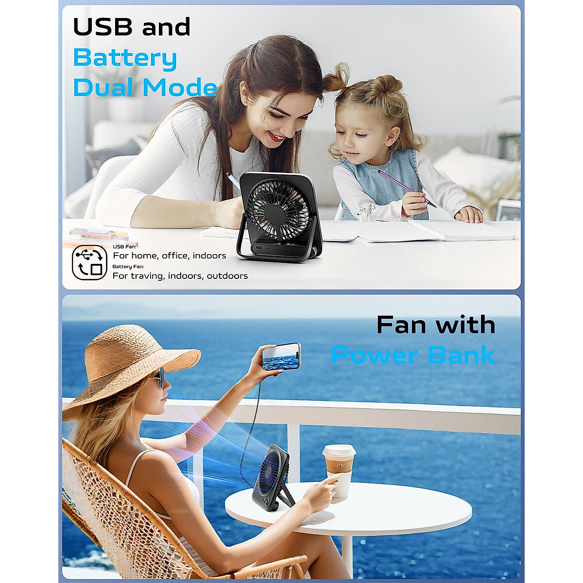 Otlonpe Desk Fan, Rechargeable Portable Fan Slim Quiet, 4000mAh Small Personal Table Fan Battery Operated 7.5-22H, Power Bank, 4 Speeds, 180° Foldable Desktop Fan for Travel Home Office Outdoor, Black