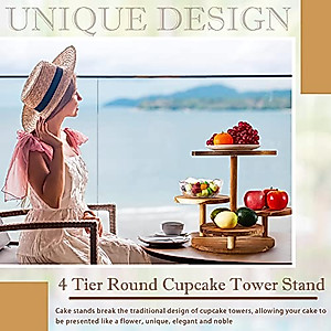 4 Tier Cupcake Tower Stand Rustic Farmhouse Wood Cake Stand Wooden Serving Cupcake Holder Cup Cake Tier Stand for Wedding Tea Party Birthday Graduation Baby Shower Dessert Display (Round)