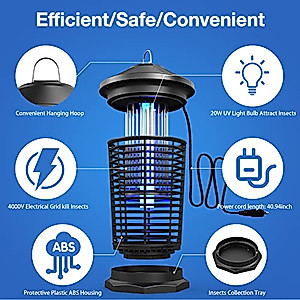 Bug Zapper Outdoor, FUZYKON Electric Mosquito Zapper, 4000V High Power Fly Zapper Indoor, Mosquito Trap with 3.4FT Cable,Waterproof Mosquito Killer for Home Camping