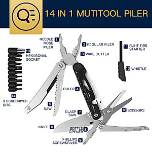 Gifts for Christmas, Multi Tool , 14 in 1 Stainless Steel Portable Multifunction Pliers with Nylon Sheath for Men Women