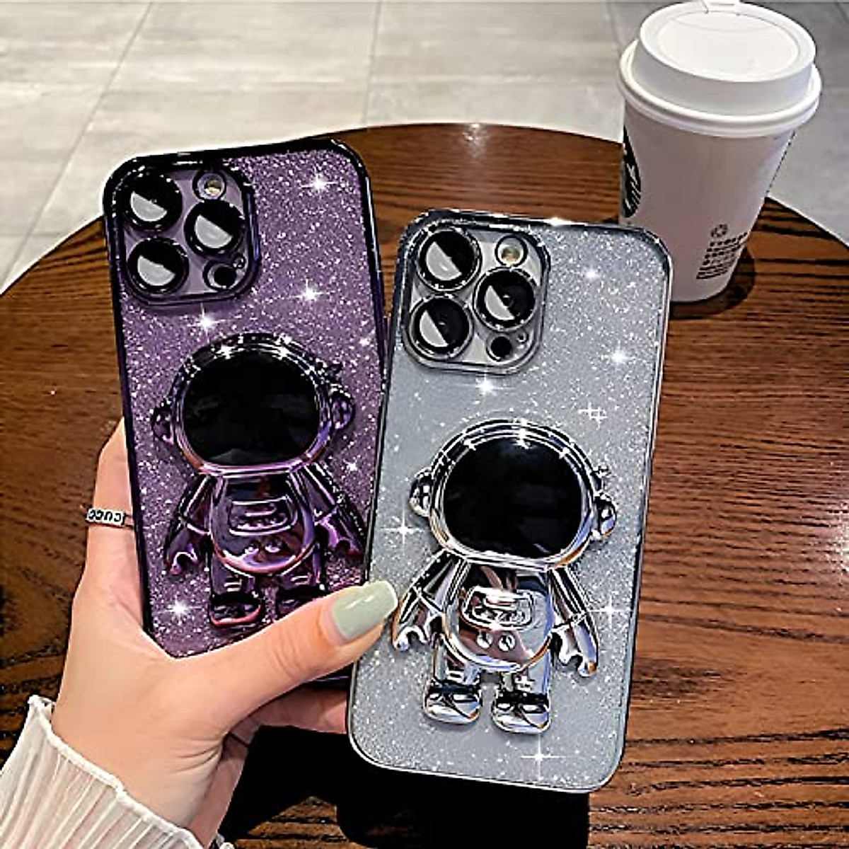 MANLENO Electroplated for iPhone 14 Pro Max Case for Women Girls Astronaut Hidden Stand Case with Camera Protection Foldable Astronaut Kickstand Phone Case Glitter Soft Protective Case (Deep Purple)