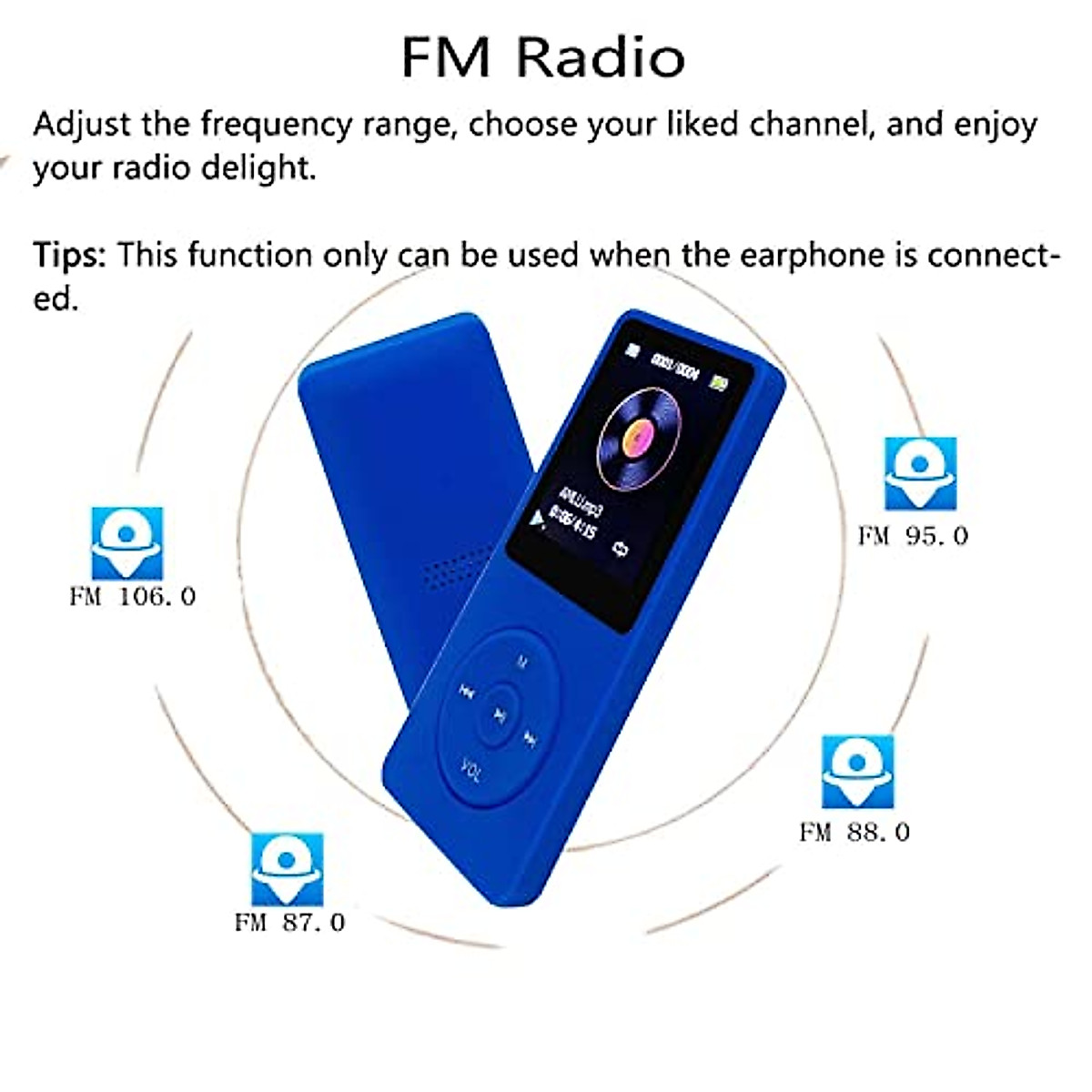MP3 Player 32GB with Speaker FM Radio Earphone Portable Mini Blue Music Player Voice Recorder E-Book 1.8 inch HD Screen Support up to 128GB
