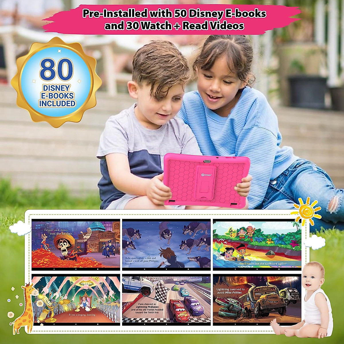 Contixo Kids Tablet, K102 Tablet for Kids and Tablet Sleeve Bag Bundle,10-inch HD, Ages 3-7, Toddler Tablet with Camera, Parental Control, Android 10, 64GB, WiFi, Learning Tablet for Kids - Pink