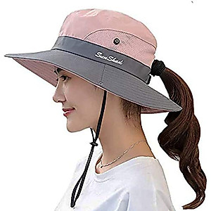 Women's Summer Sun-Hat Ponytail - UV-Protection Mesh Wide Brim Foldable Hat with Ponytail Hole (Pink, One Size)