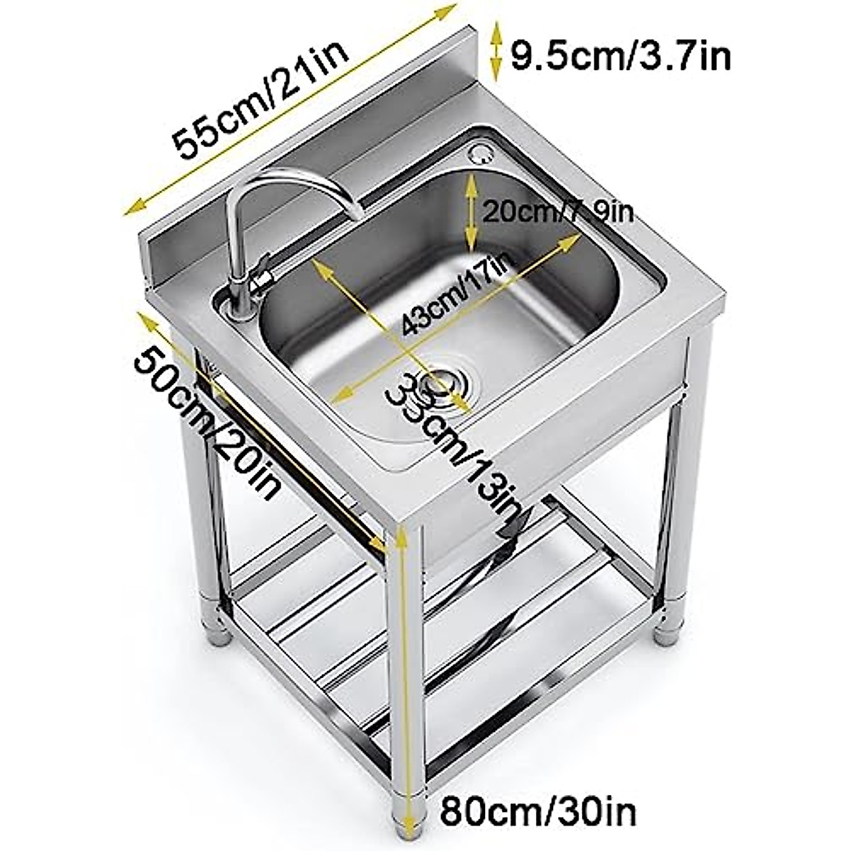 Free Standing Utility Sink, single Bowl Kitchen Sink Outdoor Sink Station, with Hot and Cold Faucet Drain Basket, Shelf, Towel Bar, for Garage, Laundry Room, Outdoor (21 Inch)