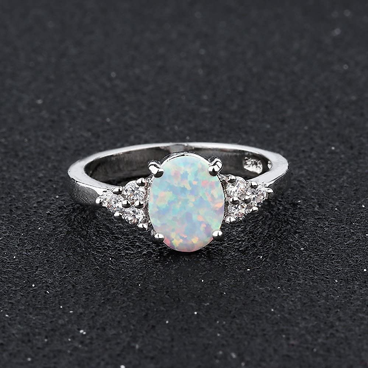 U-M White Gold Rings for Women Simulated Opal with Diamond Accent Womens Ring Fashion Engagement Bride Bridesmaid Jewelry Accessories Festive Birthday Party Favors Deft and Attractive