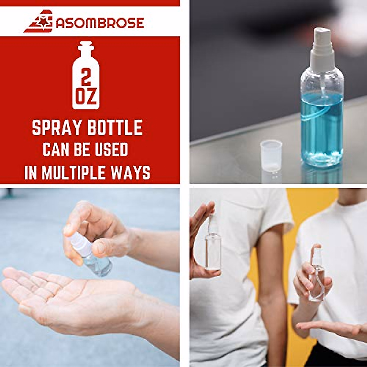 ASOMBROSE Small Spray Bottles, 2oz/60ml Clear Empty Fine Mist Travel Size Mini Bottle Set, Pump Spray Cap Refillable Reusable Liquid Containers For Essential Oils, Hair Sprayer (4 Pack)
