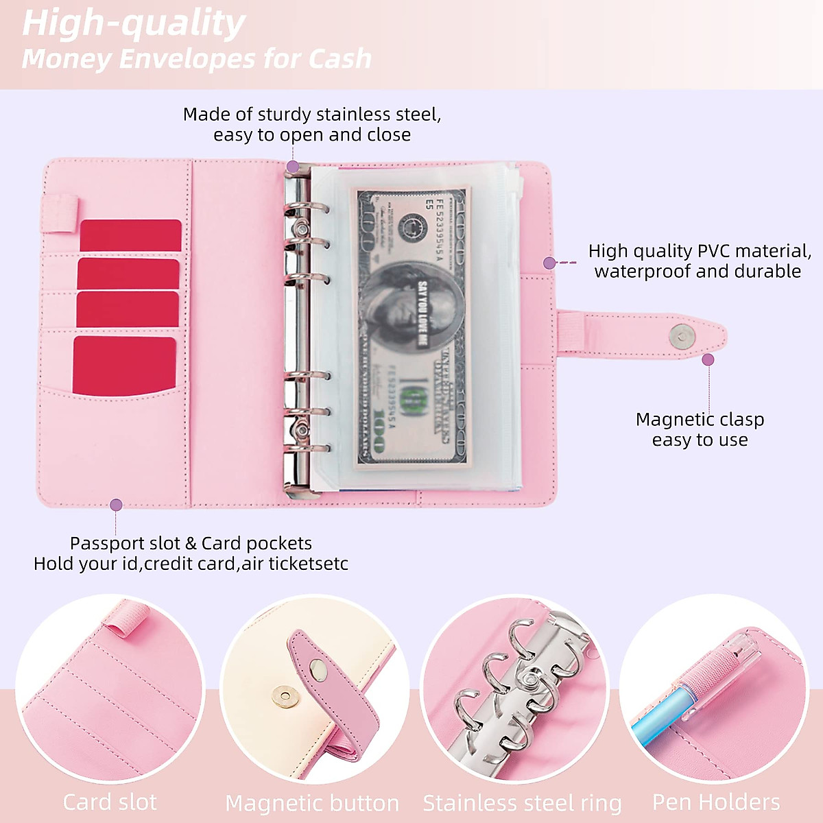 Budget Binder Money Organizer for Cash Cash Envelopes for Budgeting Budget Binder with Cash Envelopes (Pink)
