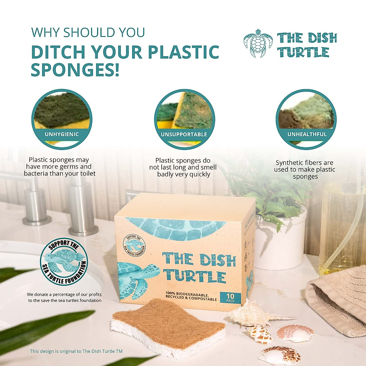 The Dish Turtle 10 Pack Biodegradable Dish Sponges and 100% Compostable; Natural Materials, Silicone, Stink Resistant, Quick Drying, Multiuse, Recyclable
