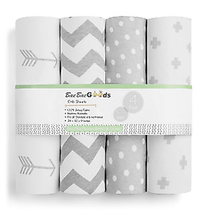 BaeBae Goods Premium Crib Sheets for Baby Boys and Girls, 4 Pack, Soft and Breathable Jersey Knit Fitted Sheet Set, Grey and White, Cute Gender Neutral Nursery Mattress Bedding, Universal Fit