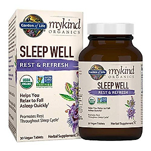 Garden of Life mykind Organics Sleep Well Rest & Refresh 30 Tablets, Lemon Balm, Green Tea Extract L-Theanine, Valerian Root, Chamomile, Probiotics-Organic Non-GMO Vegan Gluten Free Herbal Supplement