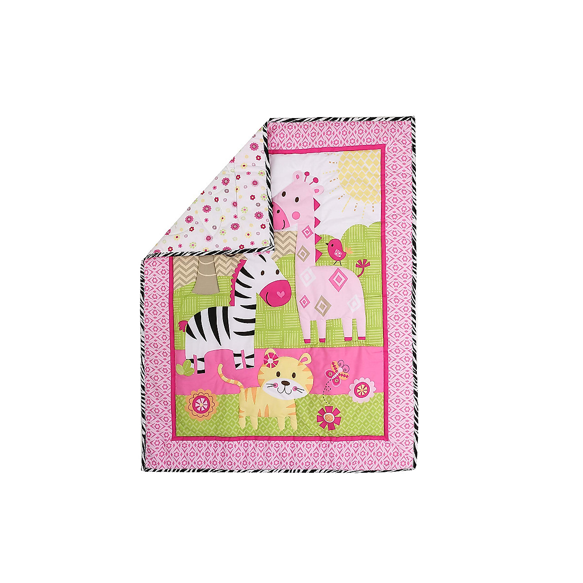 4 PCs Pink Animal Safari Nursery Crib Bedding Set 1 Quilt 1 Fitted Sheet 1 Skirt 1 Diaper Storage Bag