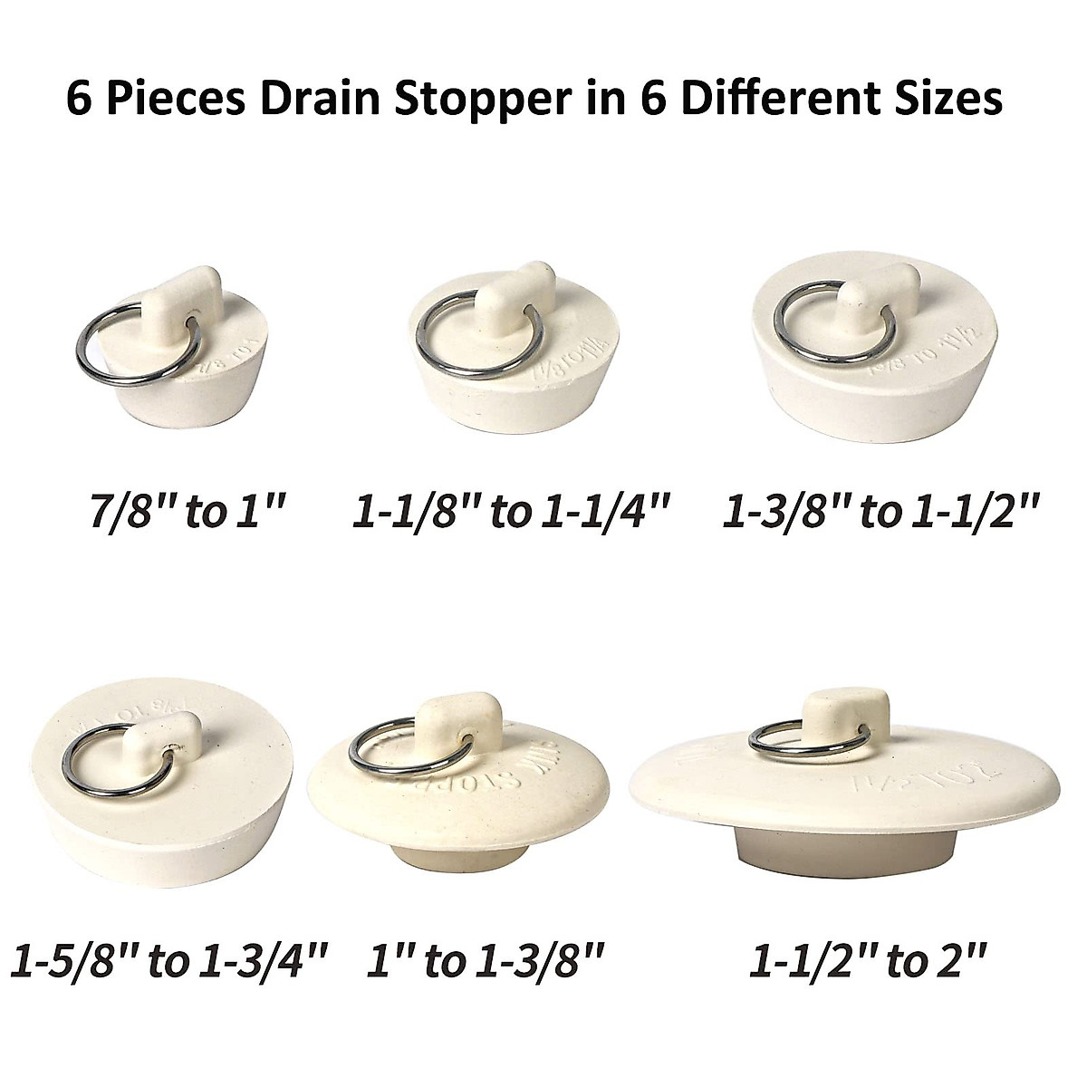6 Pieces Rubber Sink Stopper, Drain Stopper Bath Tub Stopper with Pull Ring, Kitchen Drain Plug Sink Plug, Bathroom Bath Plugs, 6 Sizes（White）