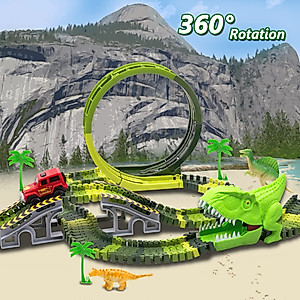 288 Pcs Dinosaur Race Car Tracks Set for Kids,Flexible Train Tracks to Create A Dino World Road with Bridge, 2 Electric Race Cars Best Gift for Toddlers Boys and Girls