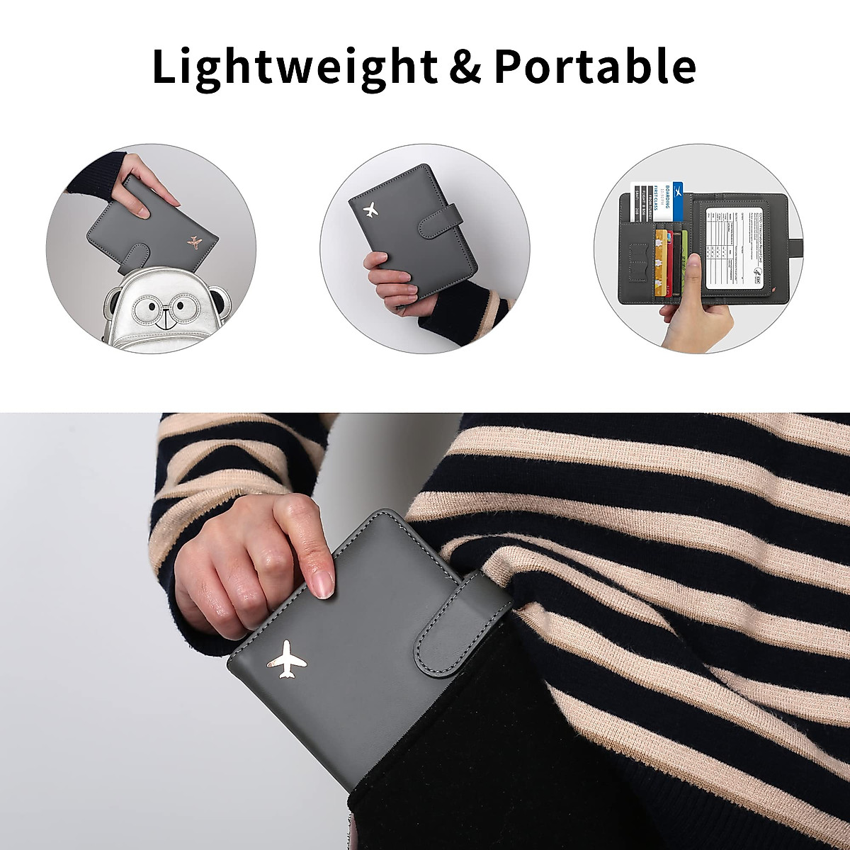 Deziliao Passport and Vaccine Card Holder Combo, PU Leather Passport Holder with Vaccine Card Slot, Passport Wallet for Men and Women (Gray-fly)
