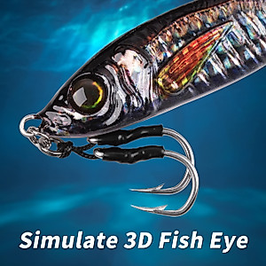 Slow Pitch Jigs Saltwater Fishing Lures Fishing Jigs 3D Colors Jigging Lures Glow Offshore Sinking Metal Jigs Saltwater Jigs with Butterfly Assist Hooks for Tuna Kingfish Saltwater Fishing