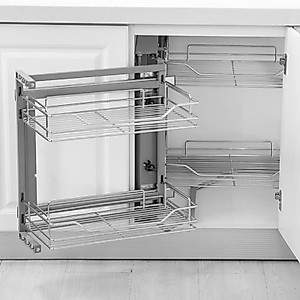 QLYFWLKQ 15" Blind Corner Organizers, Magic Corner Base Cabinet Pull Out Left, 2 Tier Pull Out Cabinet Organizer for Kitchen Cabinet (LeftOpen)