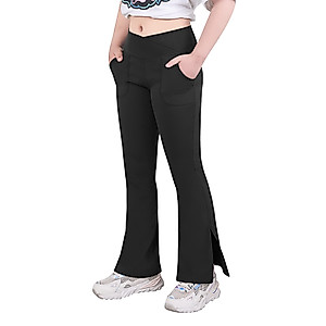 Teen Girls Bootcut Yoga Pants Kids Active Crossover Split Hem Flare Leggings with Pockets Black