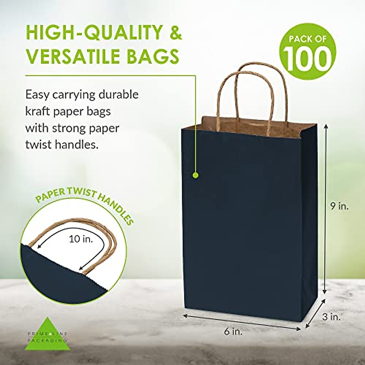 Blue Gift Bags - 6x3x9 100 Pack Navy Kraft Paper Shopping Bags with Handles, Craft Totes in Bulk for Boutiques, Small Business, Retail Stores, Birthday Parties, Restaurants, Take-Out