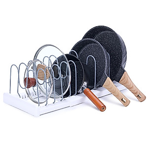 LALOBLUE Expandable Pot and Pan Organizer Rack for Cabinet, Pan and Pot Lid Holders with 10 Adjustable Dividers for Kitchen Cabinet Organization and Storage, Cookware Organizer, 12.9"-24.7", White