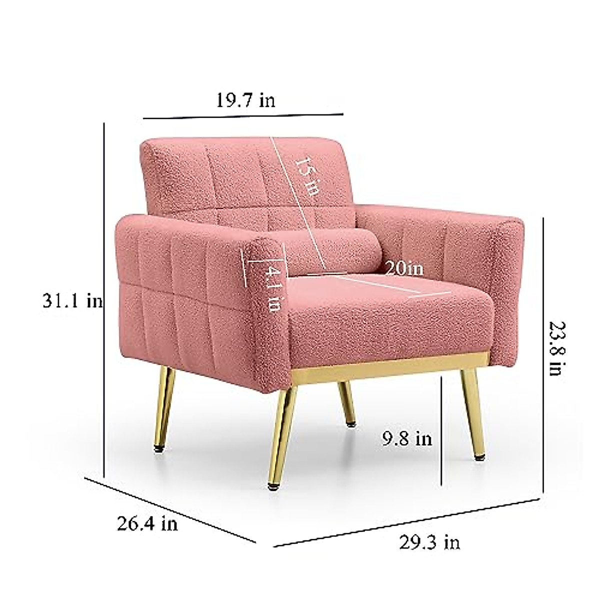 Penifun Teddy Accent Modern Side Gold Legs & Waist Pillow, Single Sofa Couch Armchair Reading Chairs for Living Waiting Room Bedroom Pink