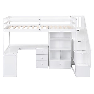Twin Size Loft Bed with Staircase and L-Shaped Desk, Wooden Loft Bed with Storage Shelves and Drawers, Twin Loft Bunk Bed Frame for Kids Boys Girls Teens, No Box Spring Needed (White)