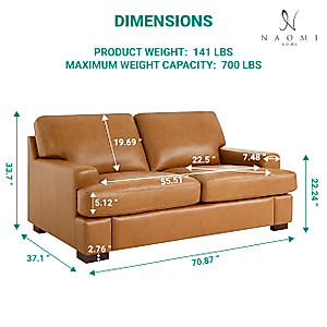 Naomi Home Siggy Genuine Leather Loveseat - Luxurious Comfort, Goose Feather Cushion Filling, Square Arm Design, Sturdy Block Legs, Elegant Tan - Ideal for Living Room, Office, or Bedroom