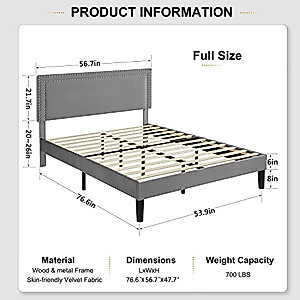VECELO Full Size Platform Bed Frame with Height Adjustable Upholstered Headboard, Modern Mattress Foundation,Strong Wood Slat Support, No Box Spring Needed, Easy Assembly